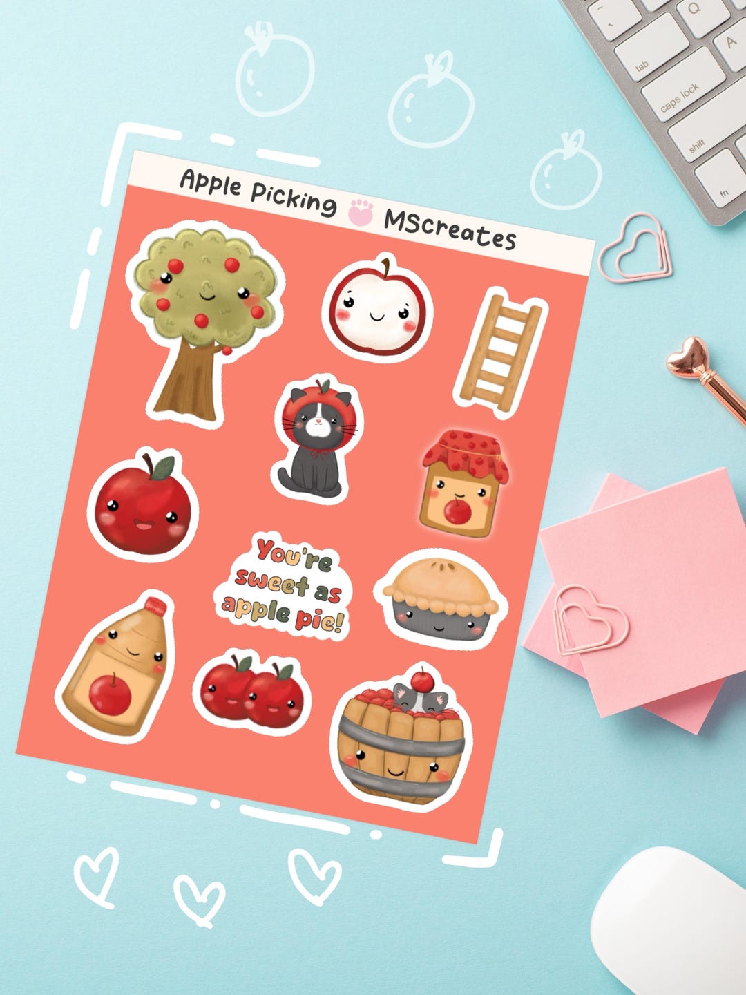 Apple Picking Sticker Sheet| Kiss-cut| Cats| Vinyl Sticker Paper| Autum ...