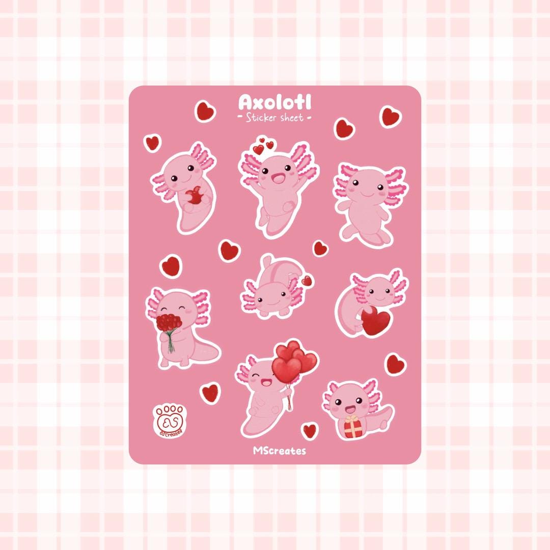 Axolotl Sticker Sheet Kiss-cut Vinyl Paper Pink Salamandercute Matte or ...