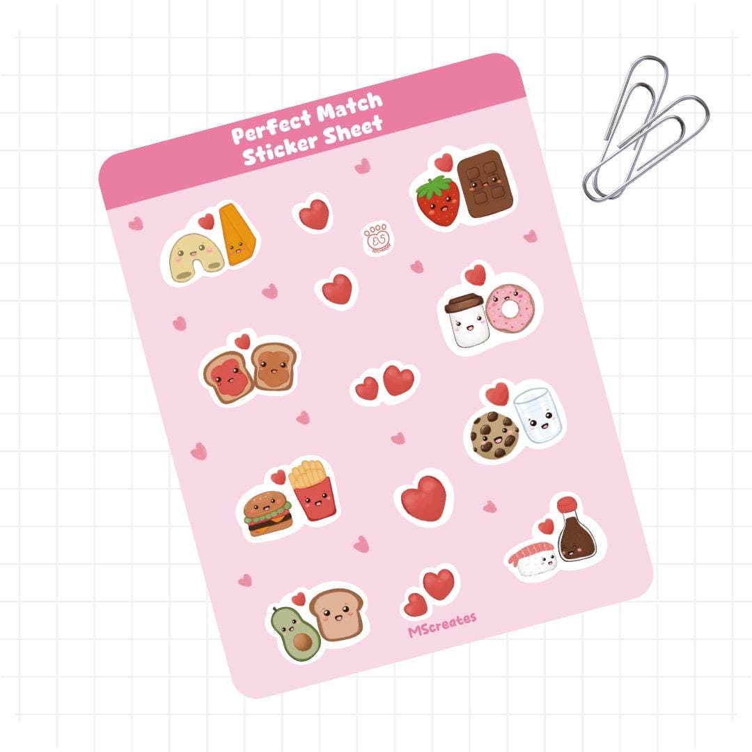 Perfect Match Sticker Sheet| Kiss-cut| Valentine| Vinyl Paper| Foodie ...