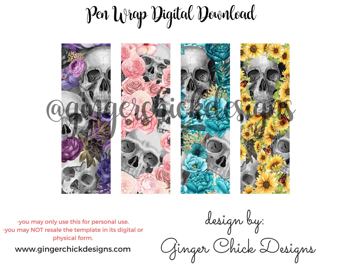Pen Wraps Pen Skins Skulls and Roses 4 Designs - Etsy
