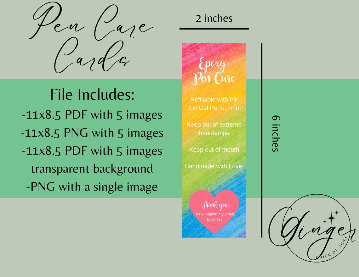 Epoxy Pen Care Card, Printable Pen Wrap Display (PDF, PNG) - Etsy