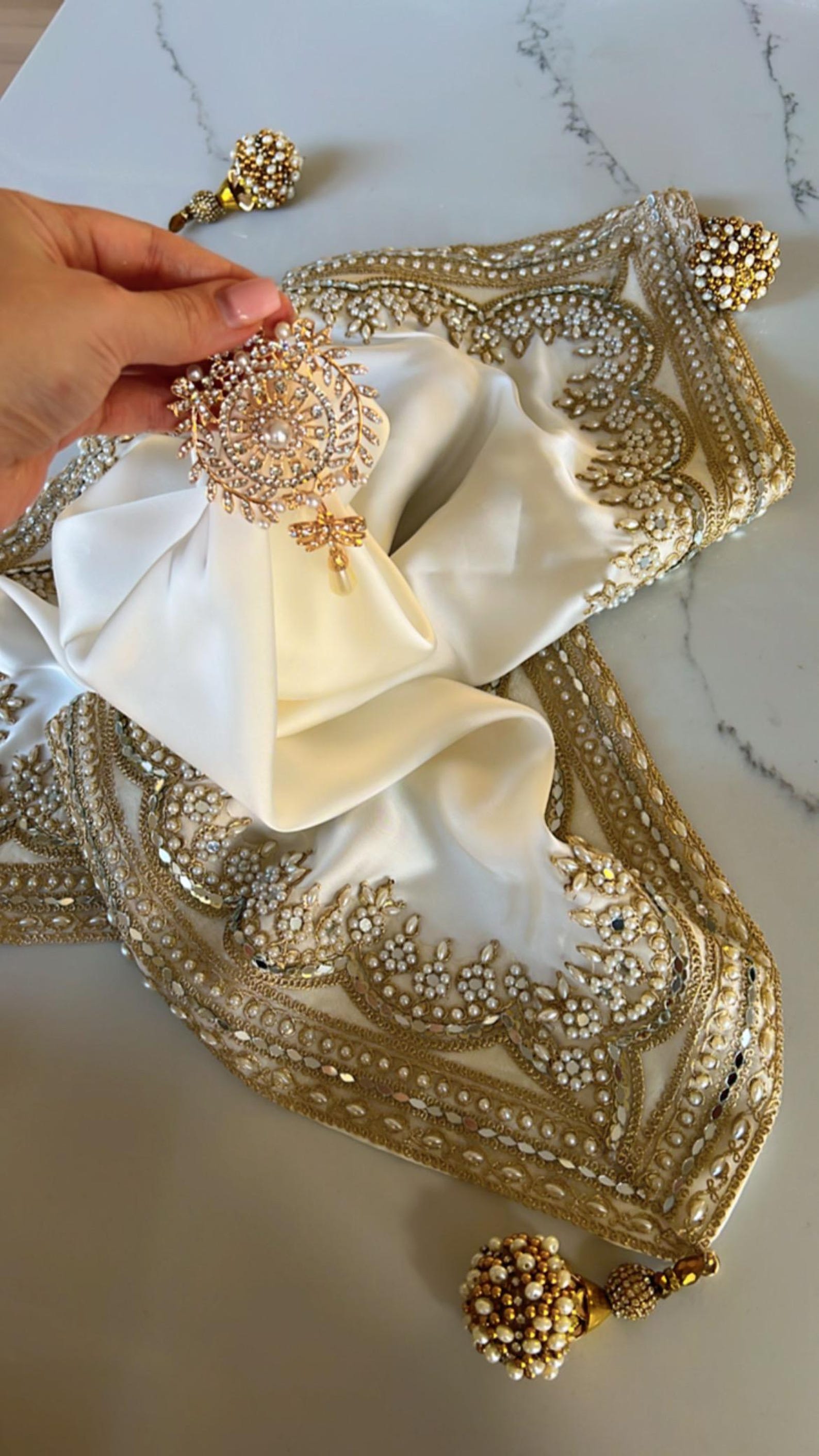 Afghan Bridal Satin Shawl – Gold Pearl Mirror Embroidery, Nikah Ayena ...