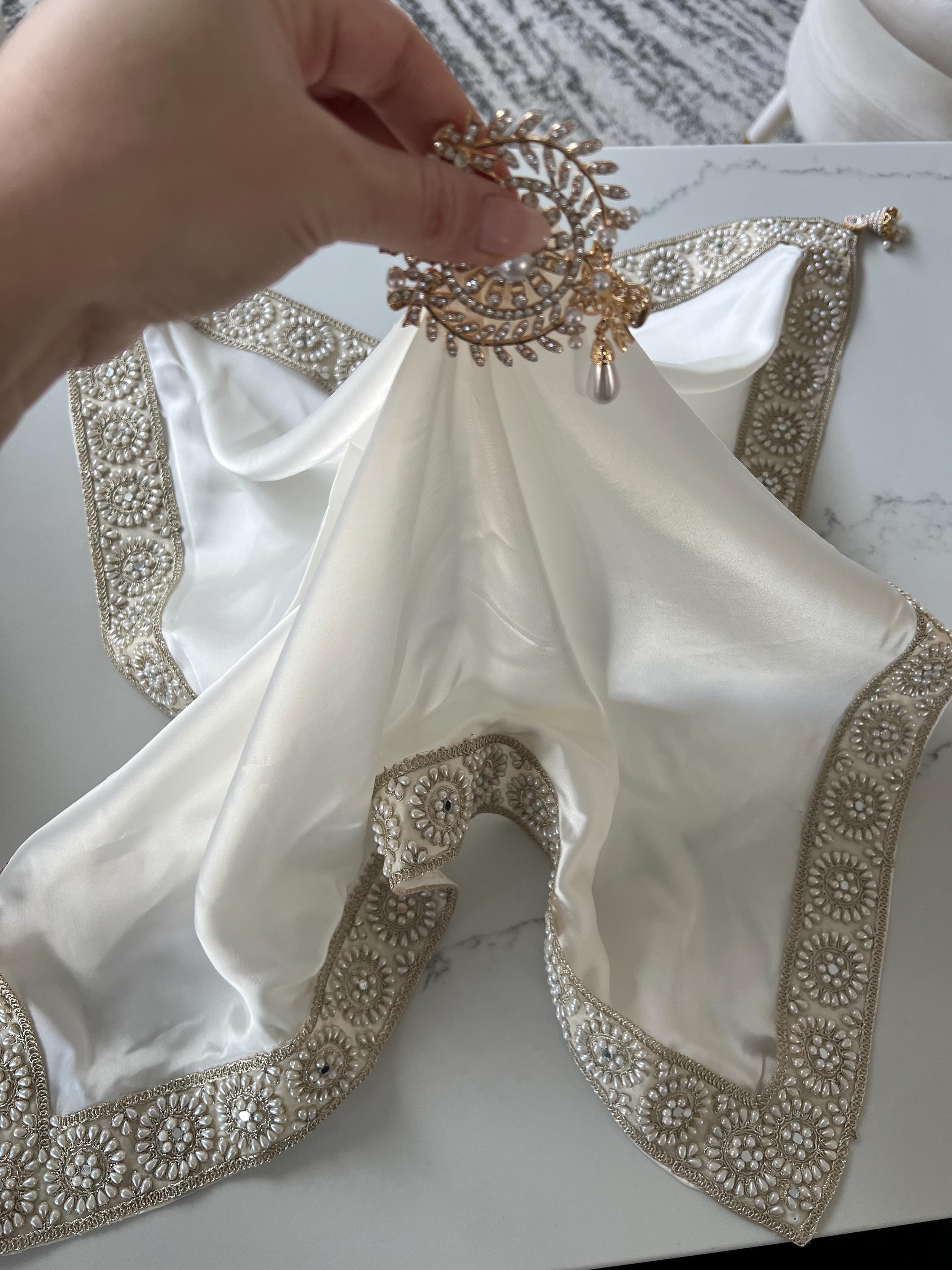 Afghan Bridal Satin Shawl – Gold Pearl Mirror Embroidery, Nikah Ayena ...