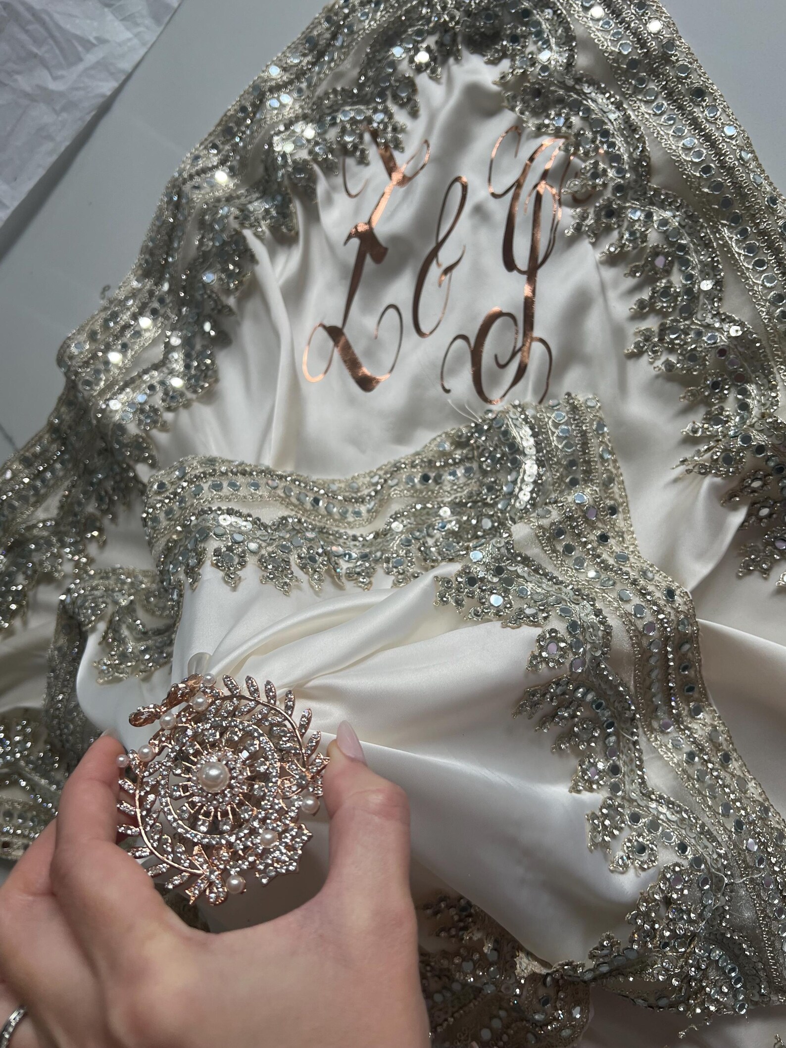 Afghan Bridal Satin Shawl – Gold Pearl Mirror Embroidery, Nikah Ayena ...