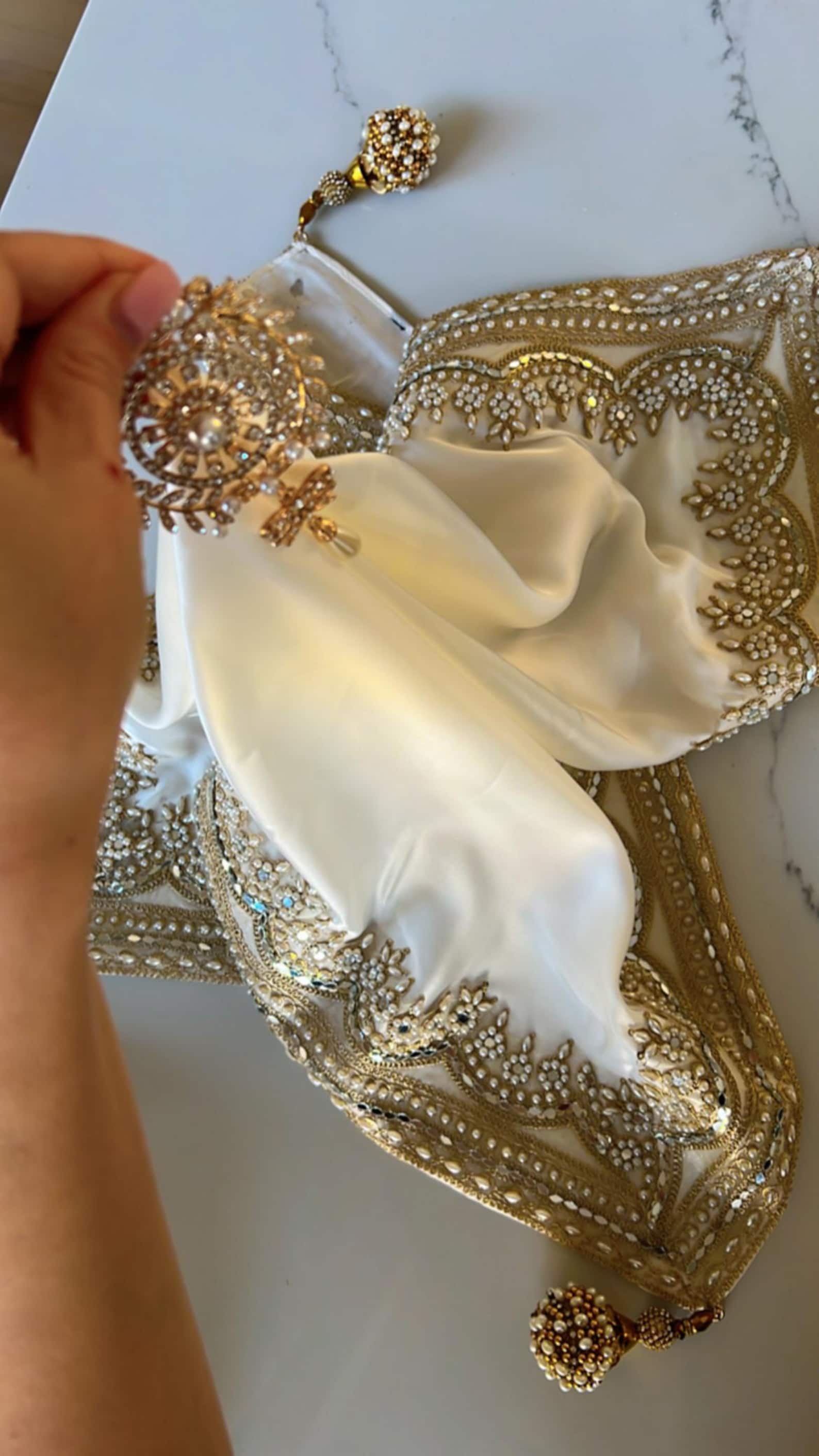 Afghan Bridal Satin Shawl – Gold Pearl Mirror Embroidery, Nikah Ayena ...