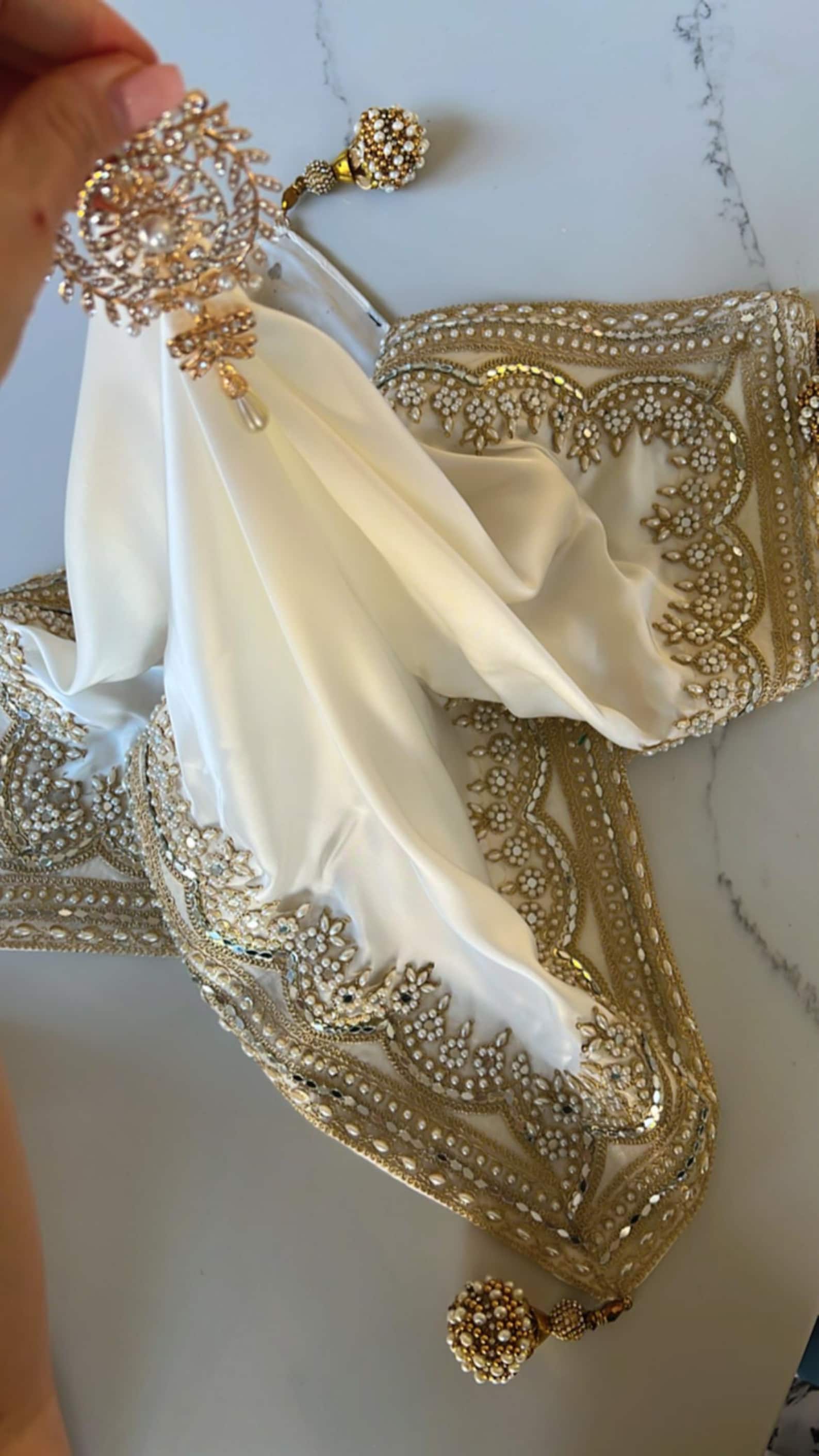 Afghan Bridal Satin Shawl – Gold Pearl Mirror Embroidery, Nikah Ayena ...