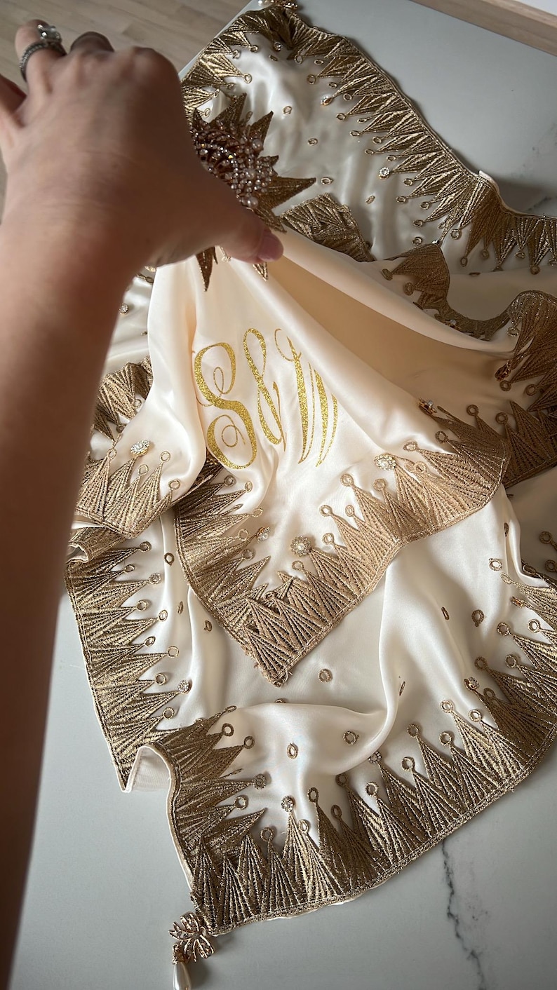 Afghan Bridal Satin Shawl – Gold Pearl Mirror Embroidery, Nikah Ayena ...