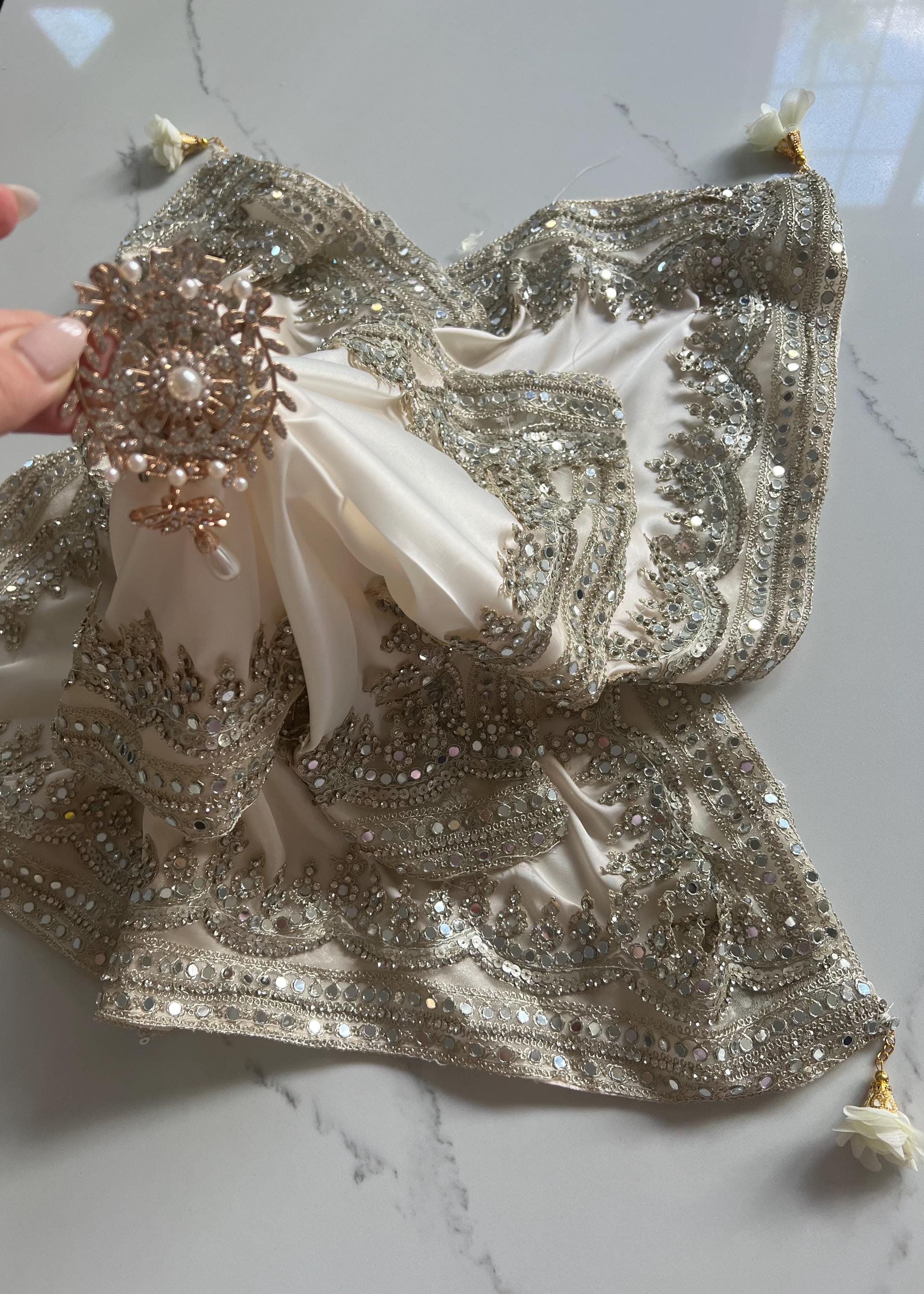 Afghan Bridal Satin Shawl – Gold Pearl Mirror Embroidery, Nikah Ayena ...