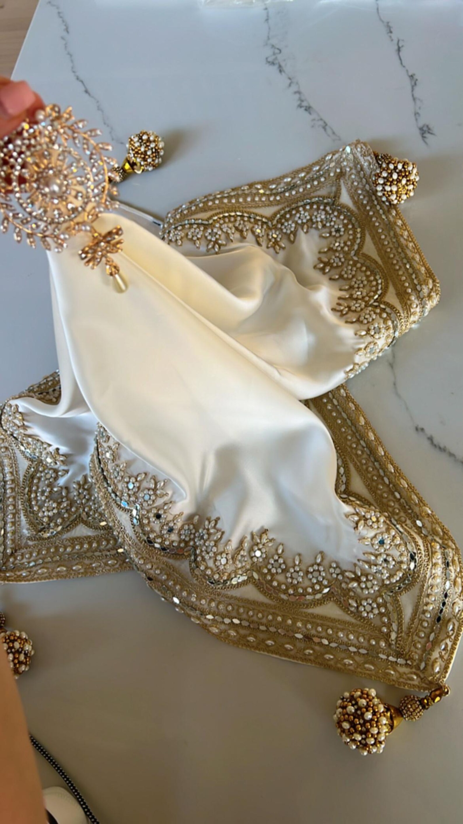 Afghan Bridal Satin Shawl – Gold Pearl Mirror Embroidery, Nikah Ayena ...