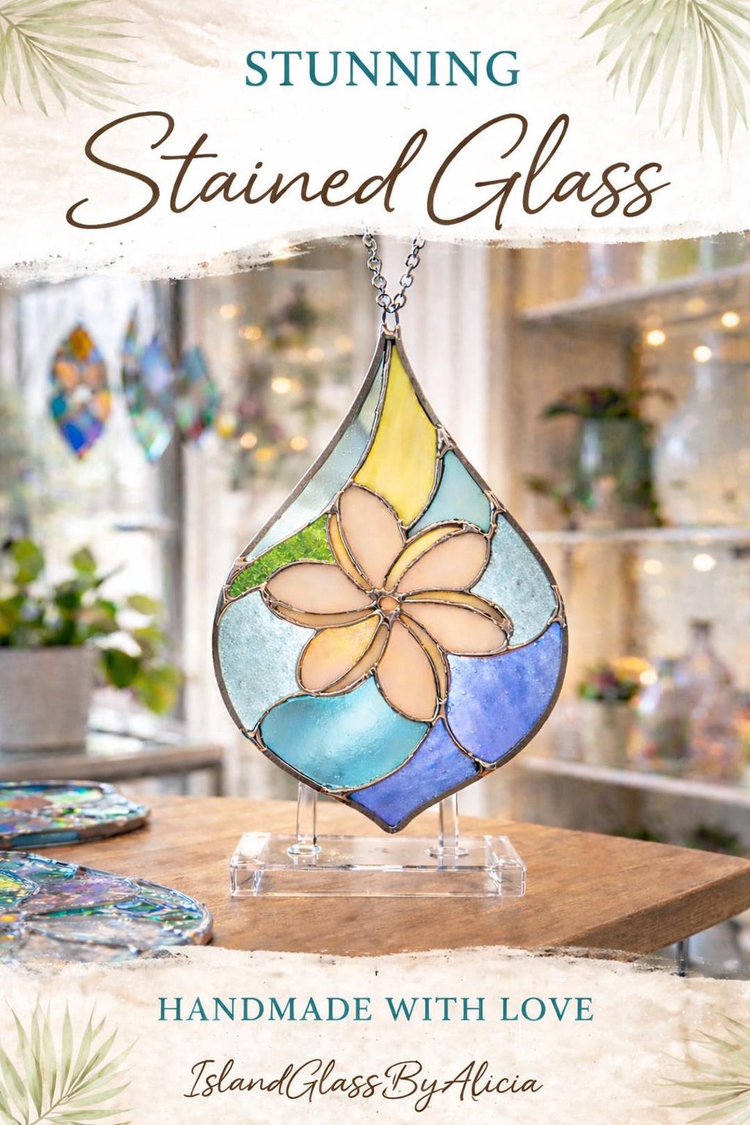 Tropical Stained Glass Suncatcher Plumeria Flower Window Hanging
