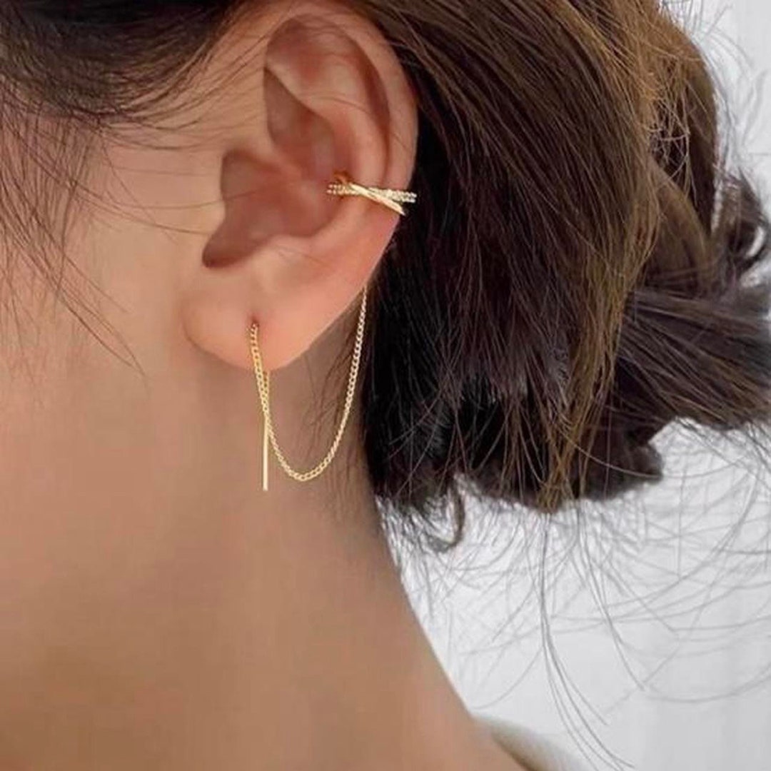 Gold Pave Cross Threader Earring, Ear Cuff, Long Chain Threader Earring ...