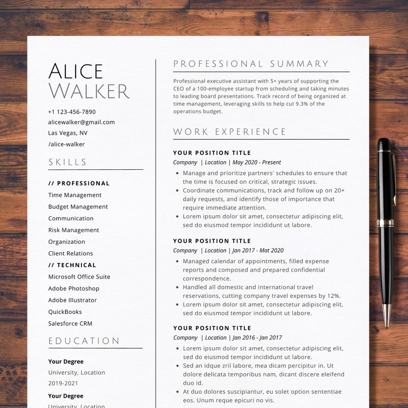 One Page Resume Template - Etsy