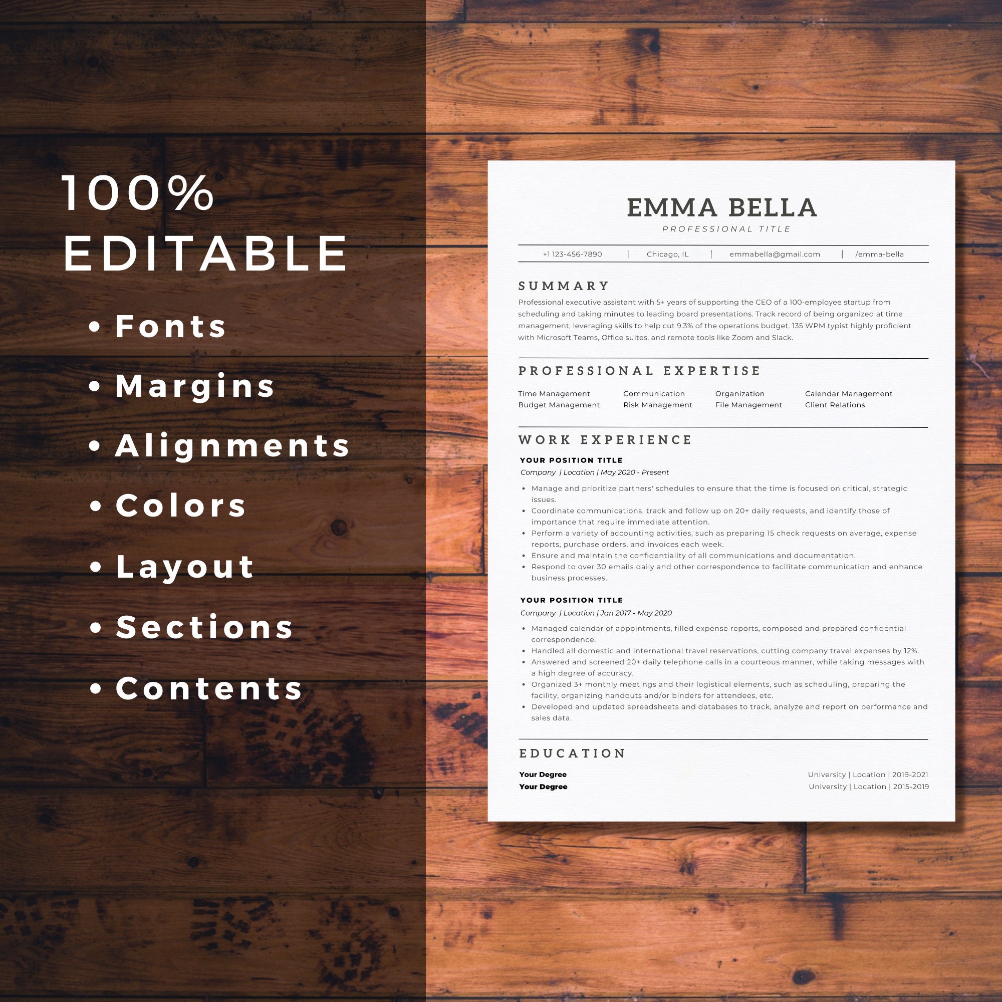 2023 Word Resume Template Google Docs Clean Modern Executive - Etsy