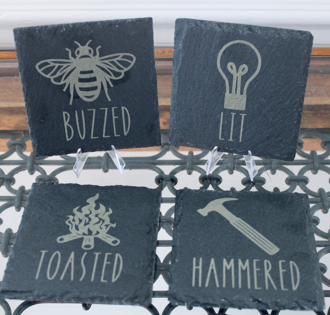 Hammered, Buzzed, Lit and Toasted Coasters, Slate Coaster Set, Pun ...