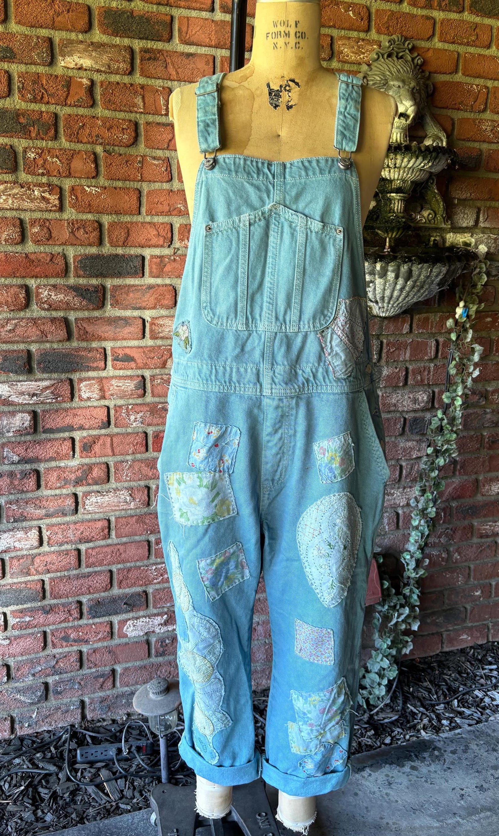 Up-cycled Over-dyed Blue Oversized Overalls With Vintage Fabric Patches ...