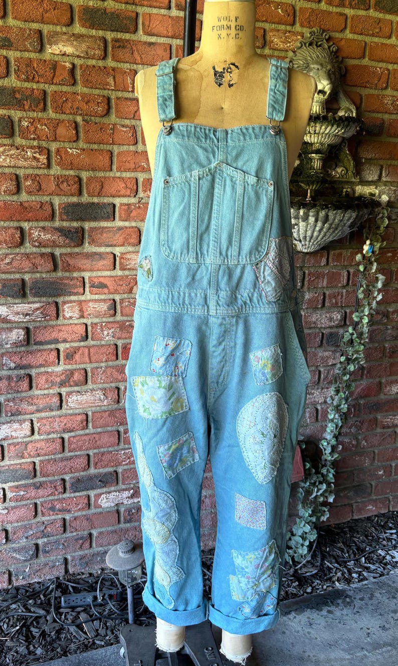 Up-cycled Over-dyed Blue Oversized Overalls With Vintage Fabric Patches ...