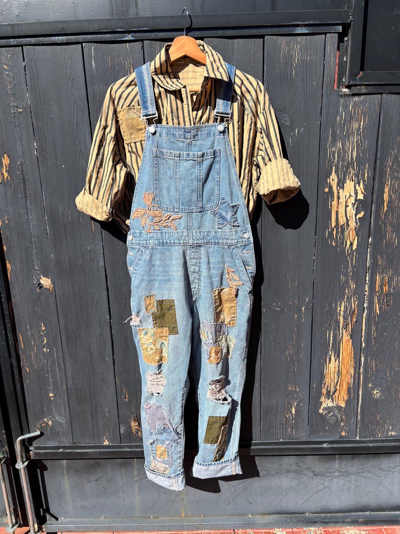 Upcycled Denim Overalls. Vintage Fabric Patches and Denim Patches Hand ...