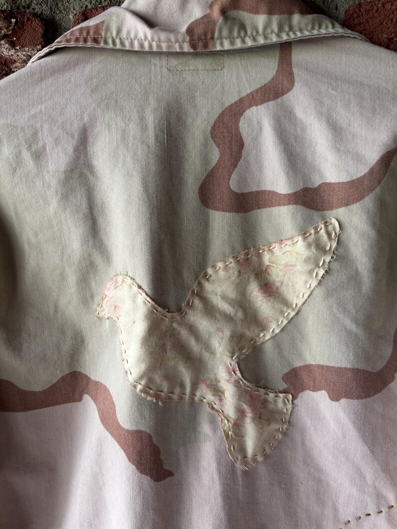 Up-cycled Desert Storm Army Camo Jacket. Floral Fabric Doves - Ribbon ...