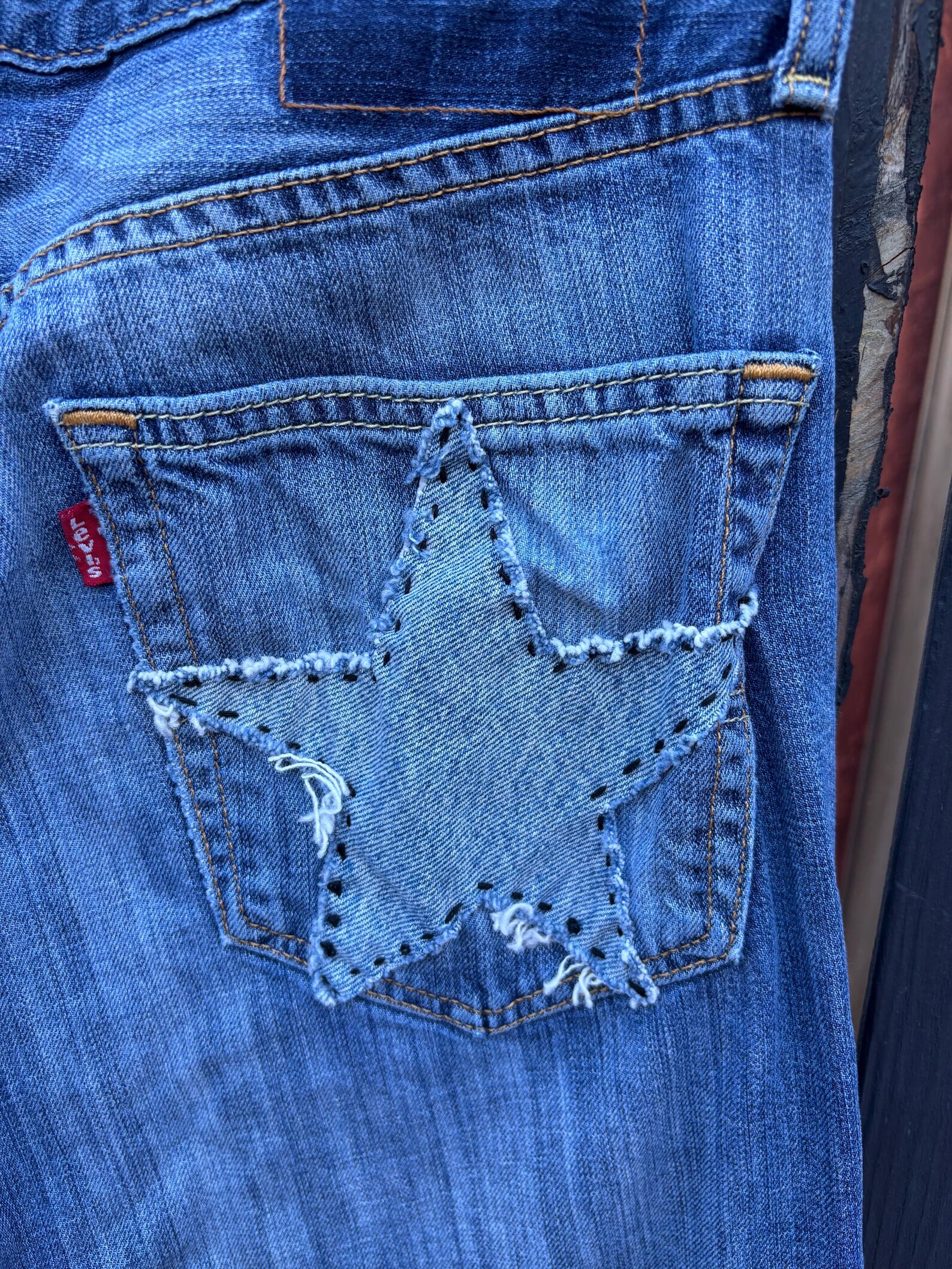 Up-cycled Boyfriend Fit Levi’s With Vintage Fabric Patches. Reds and ...