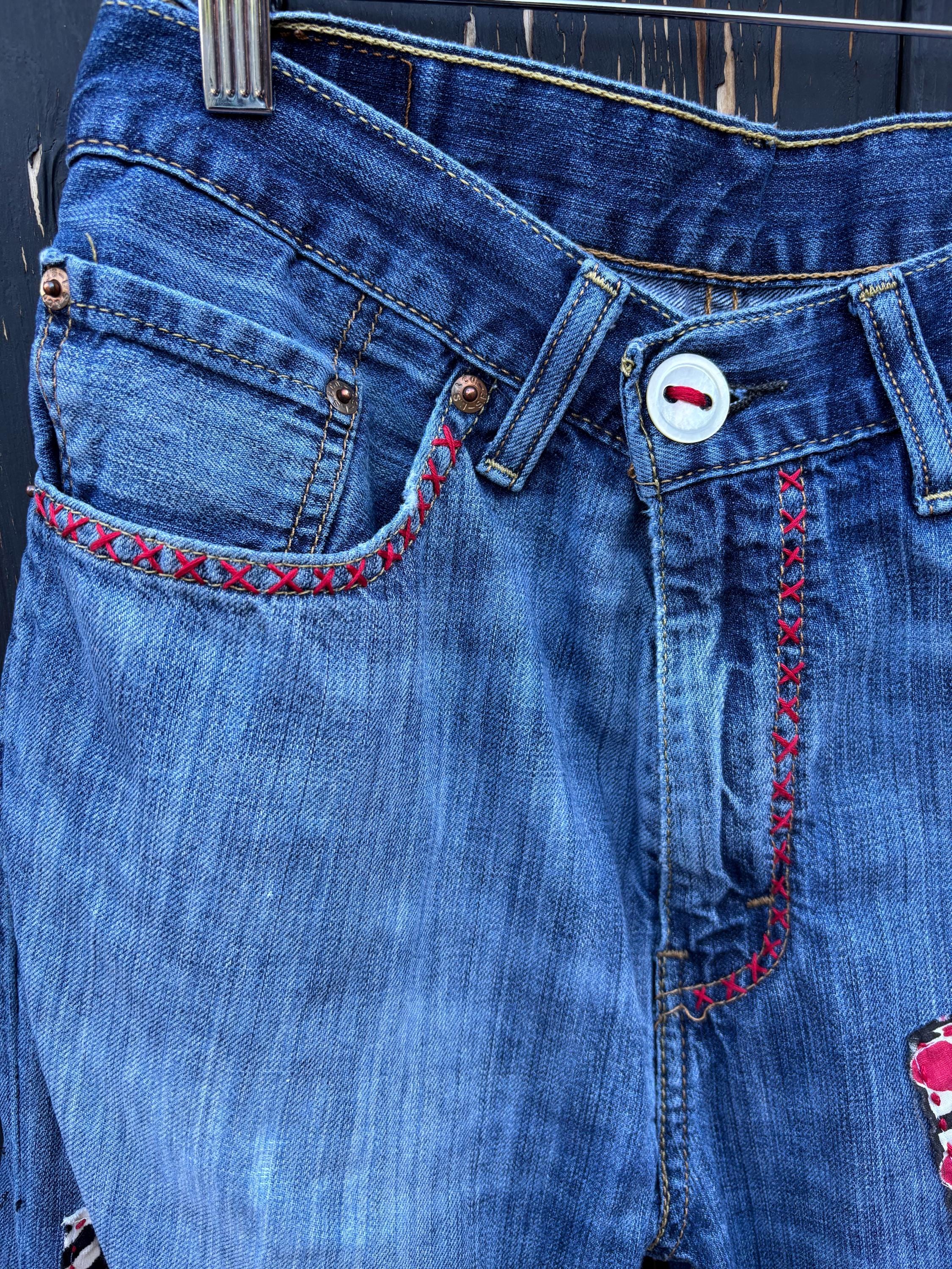 Up-cycled Boyfriend Fit Levi’s With Vintage Fabric Patches. Reds and ...