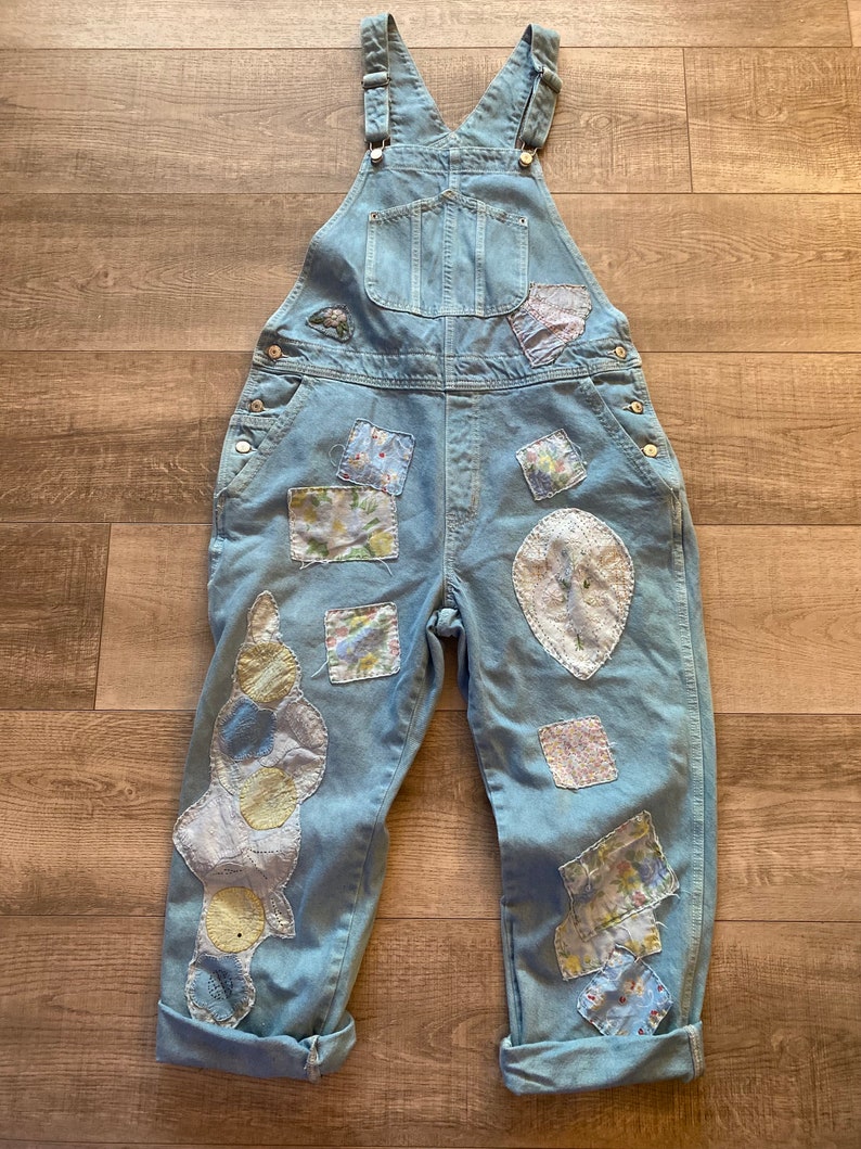 Up-cycled Over-dyed Blue Oversized Overalls With Vintage Fabric Patches ...