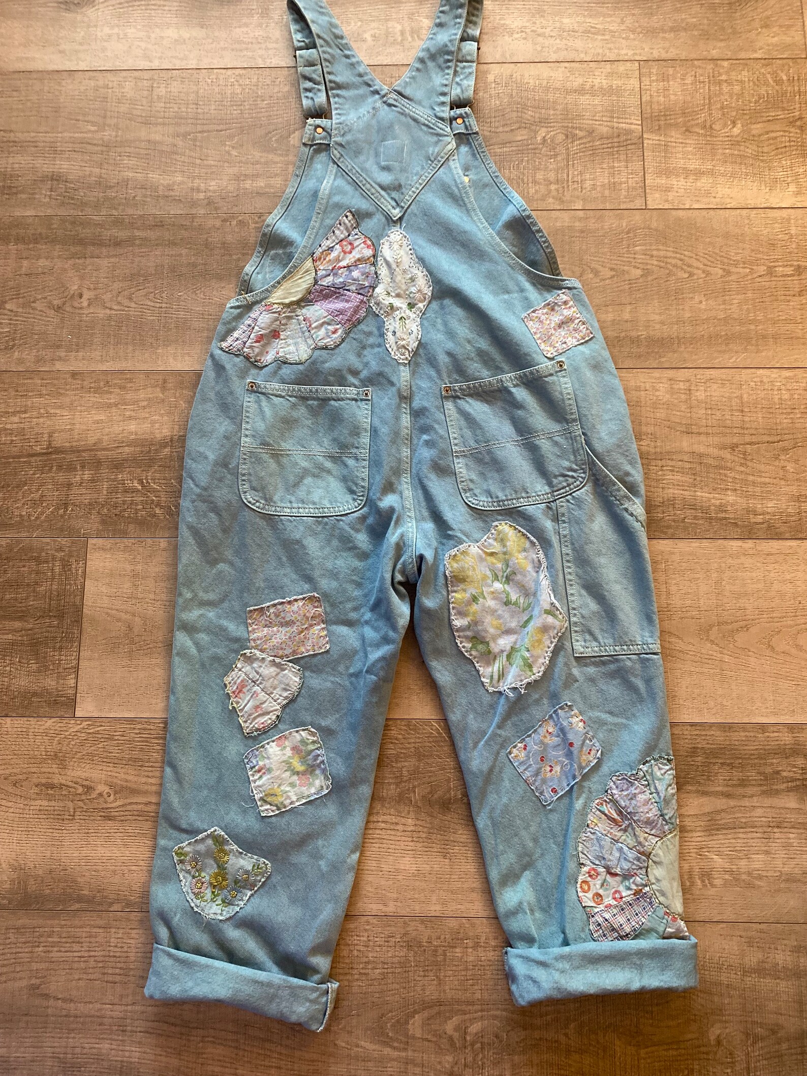 Up-cycled Over-dyed Blue Oversized Overalls With Vintage Fabric Patches ...