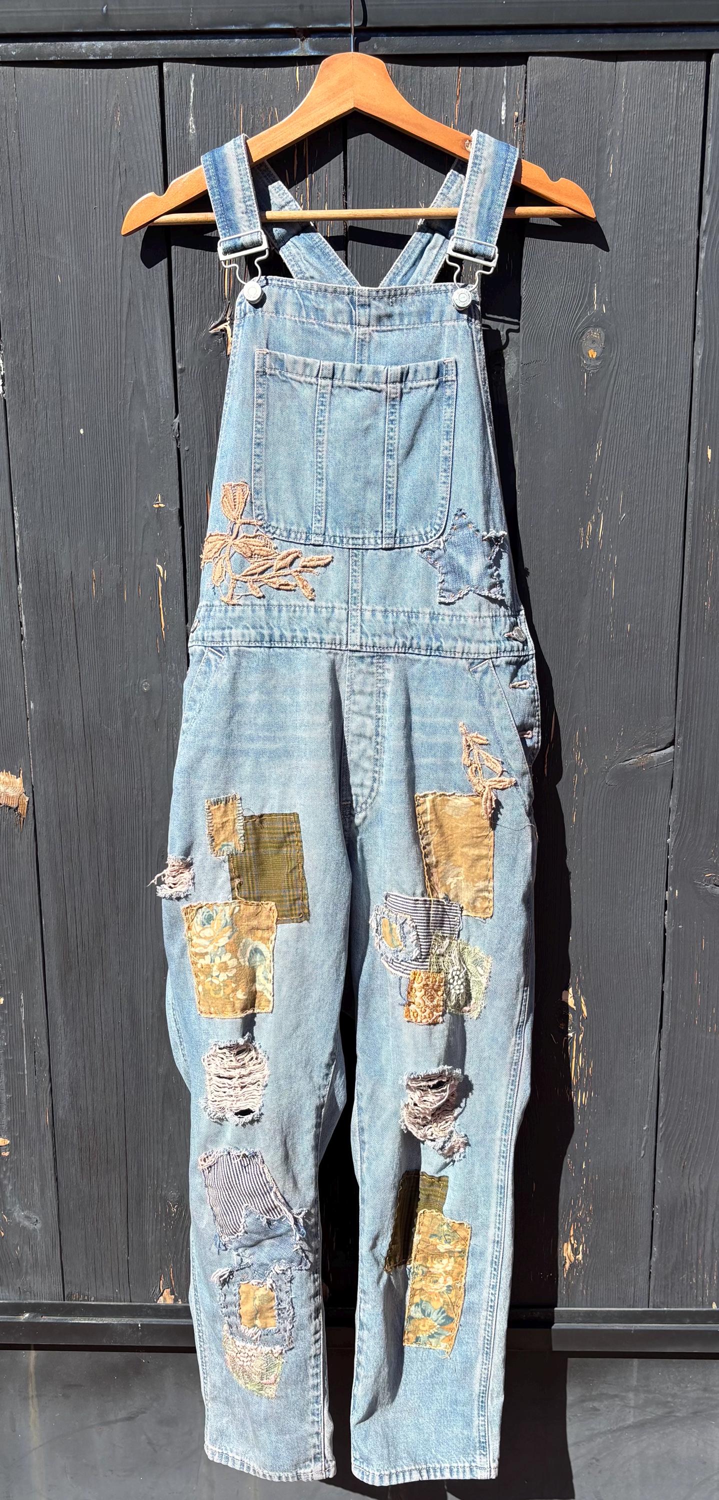 Upcycled Denim Overalls. Vintage Fabric Patches and Denim Patches Hand ...