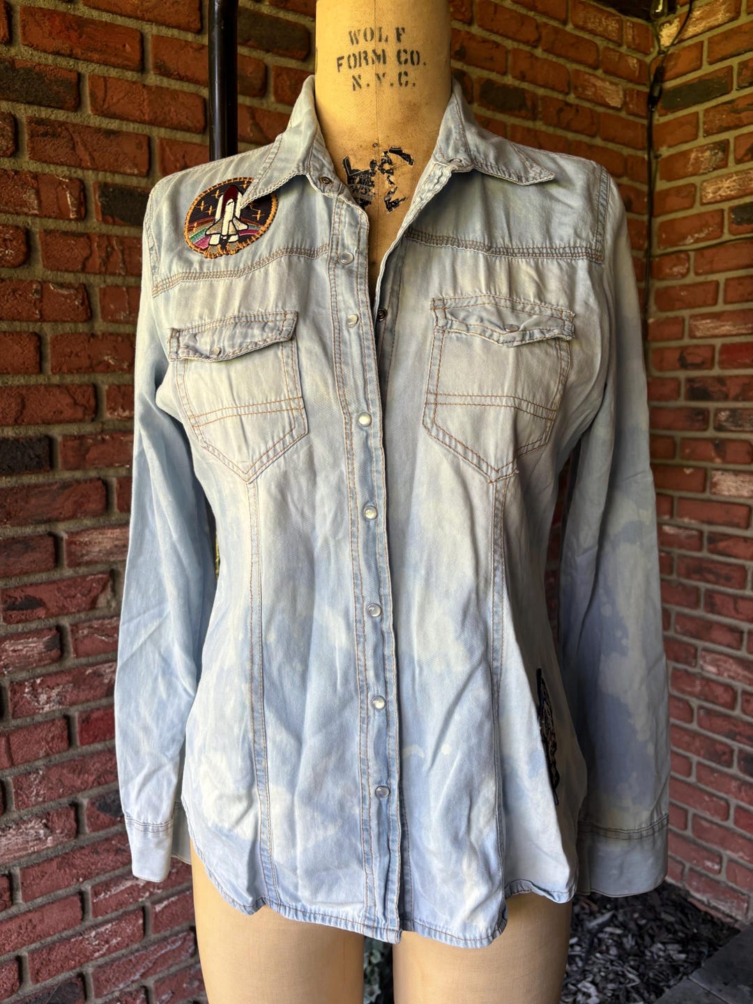 Up-cycled Denim Shirt With Added Space Patches and a Bleach Distress ...