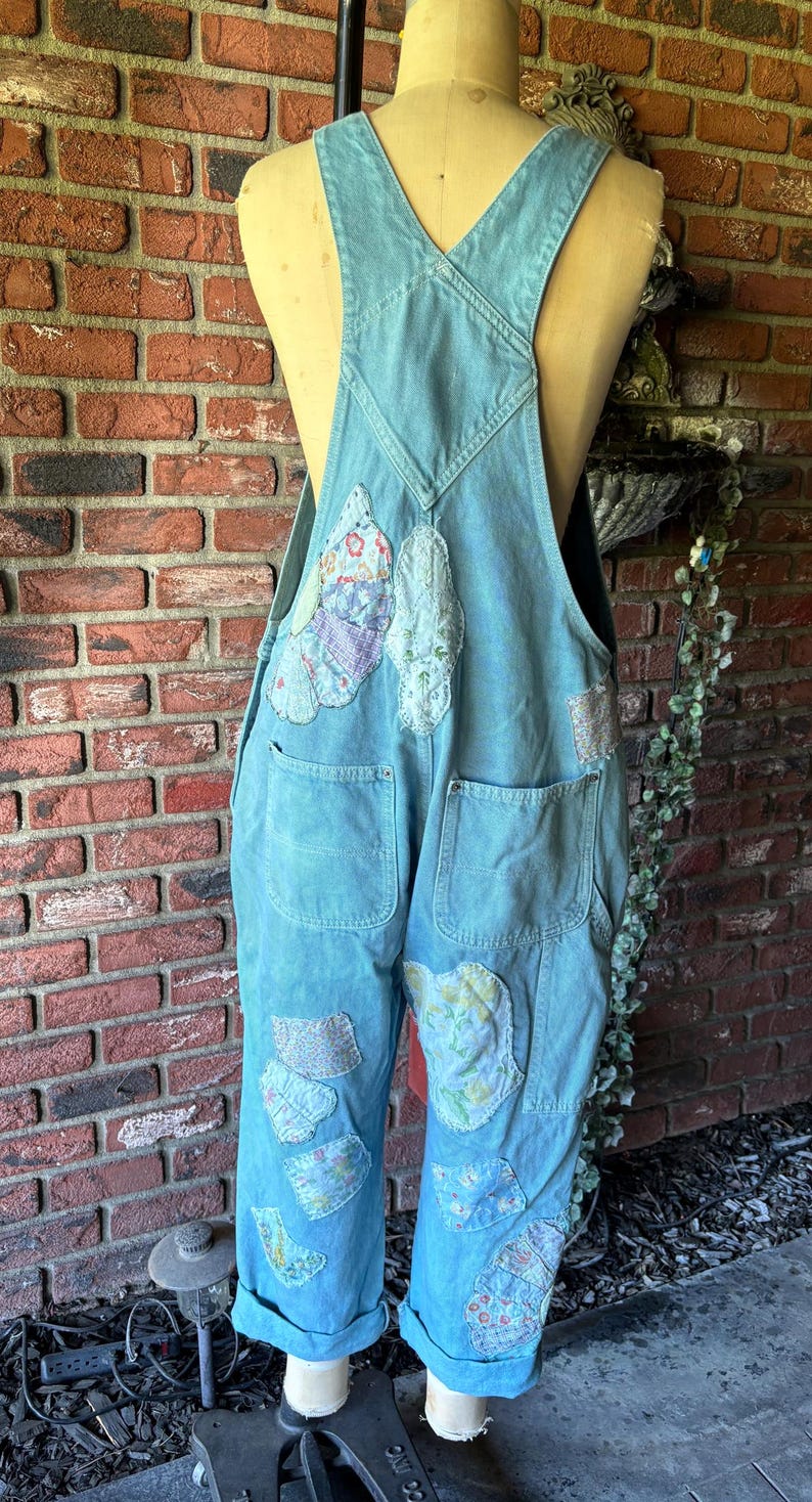 Up-cycled Over-dyed Blue Oversized Overalls With Vintage Fabric Patches ...