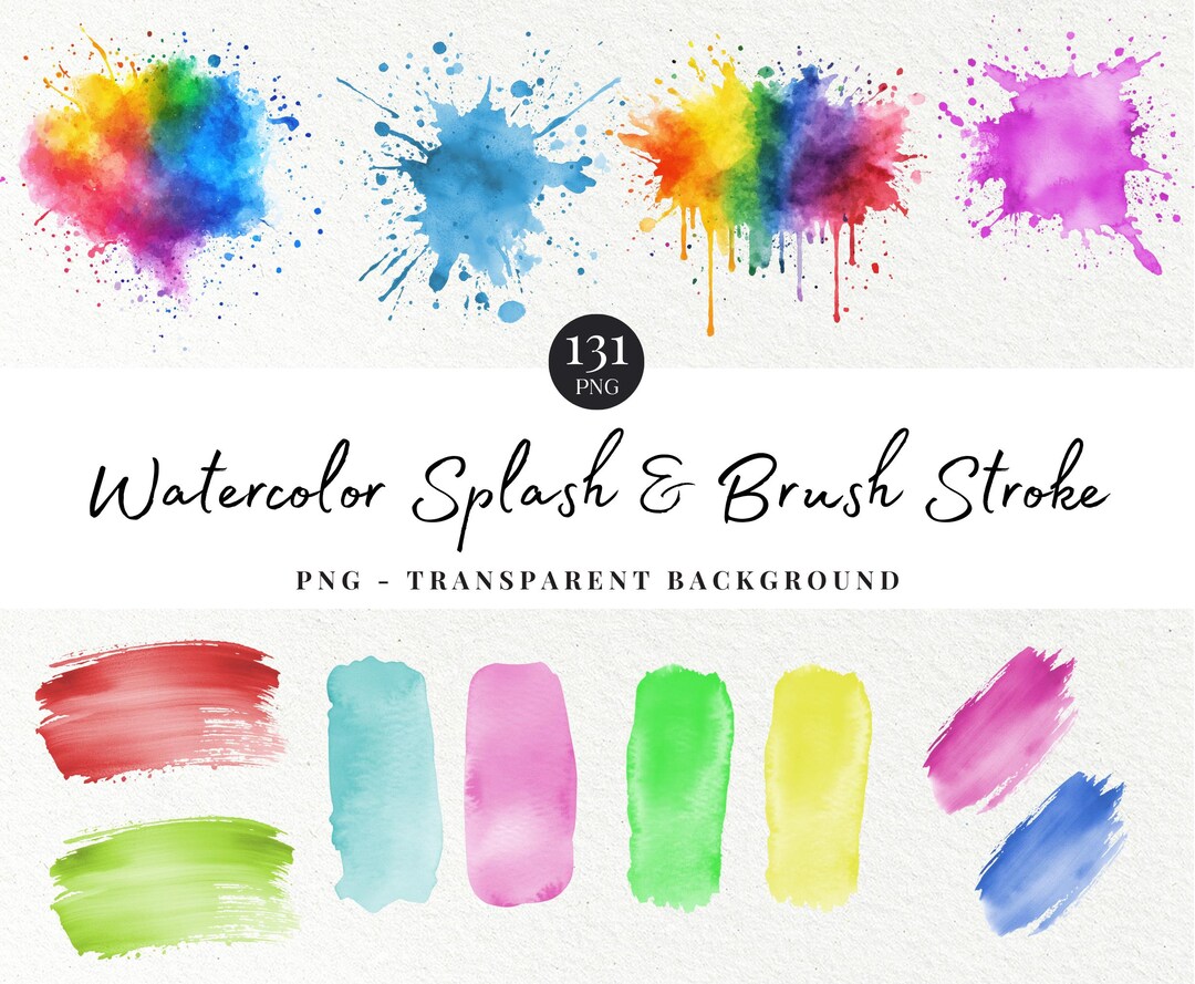 Watercolor Splash Clipart: Rainbow Brush Strokes PNG Bundle (digital ...