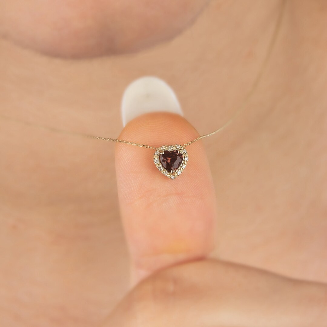 14K Solid Gold Heart Necklace With Real Diamond & Smoky Quartz - Brown ...