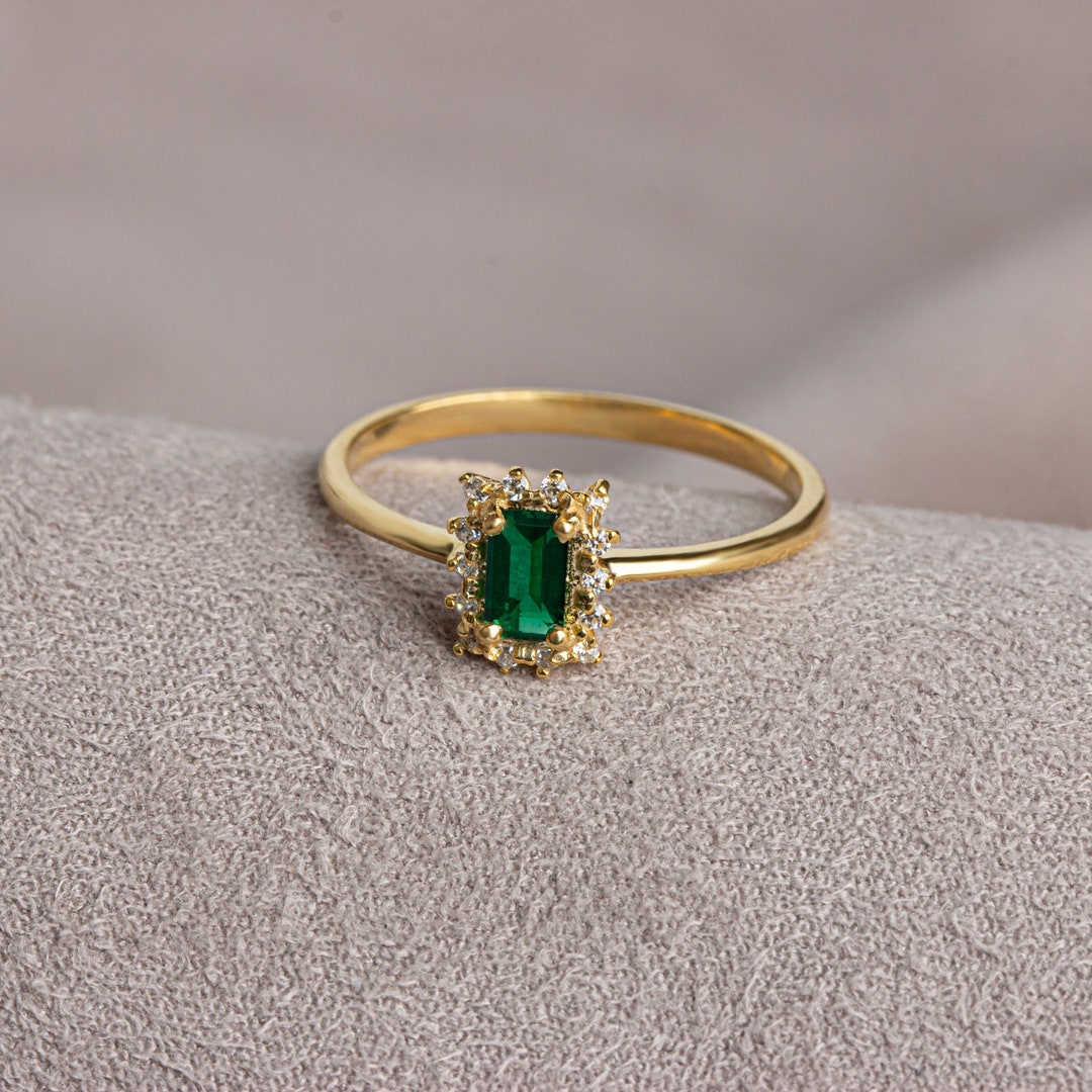 Rectangular Cut Emerald Ring With Real Diamonds 14K Solid Gold ...