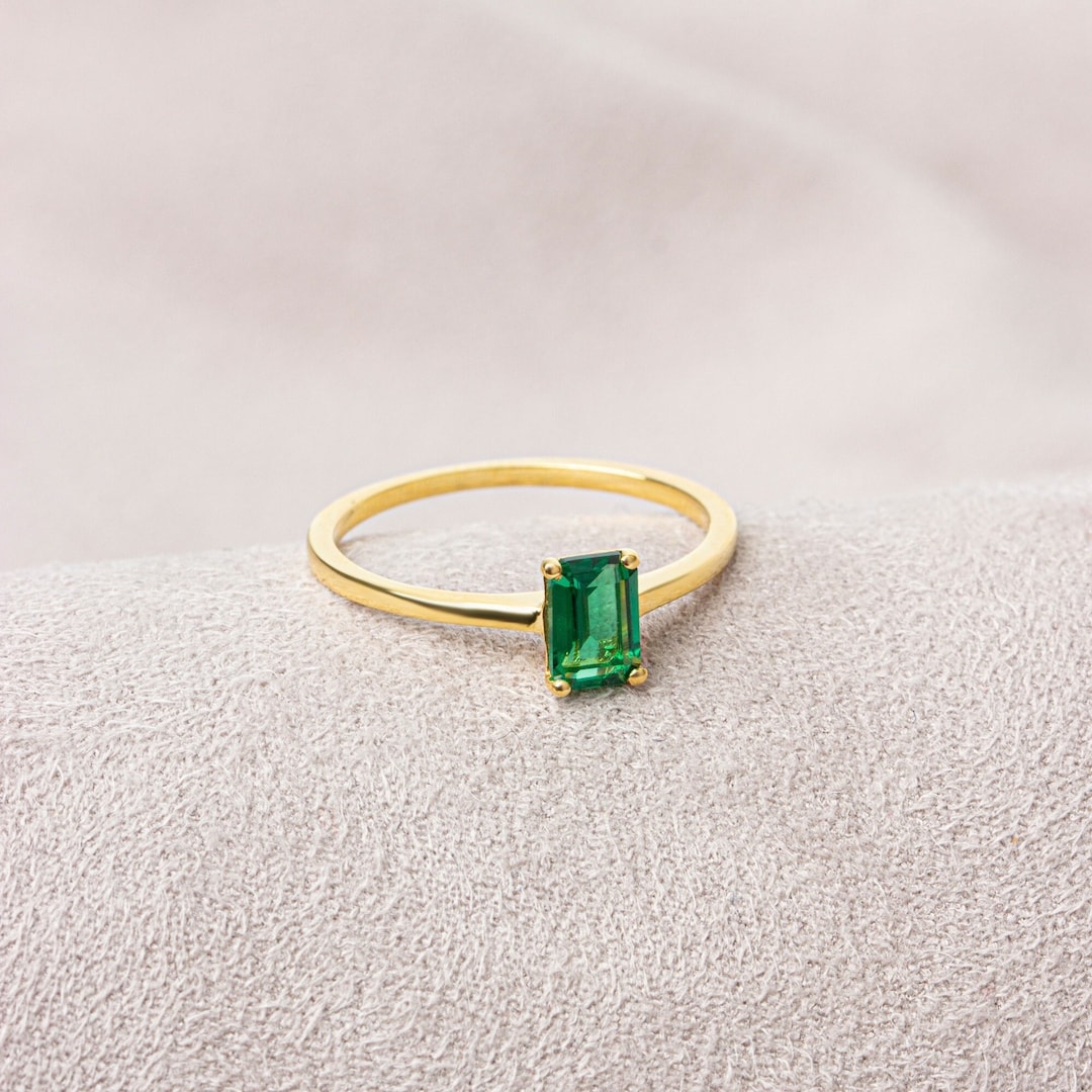 Rectangle Emerald Ring 14K Solid Gold, Real Gold Emerald Birthstone ...