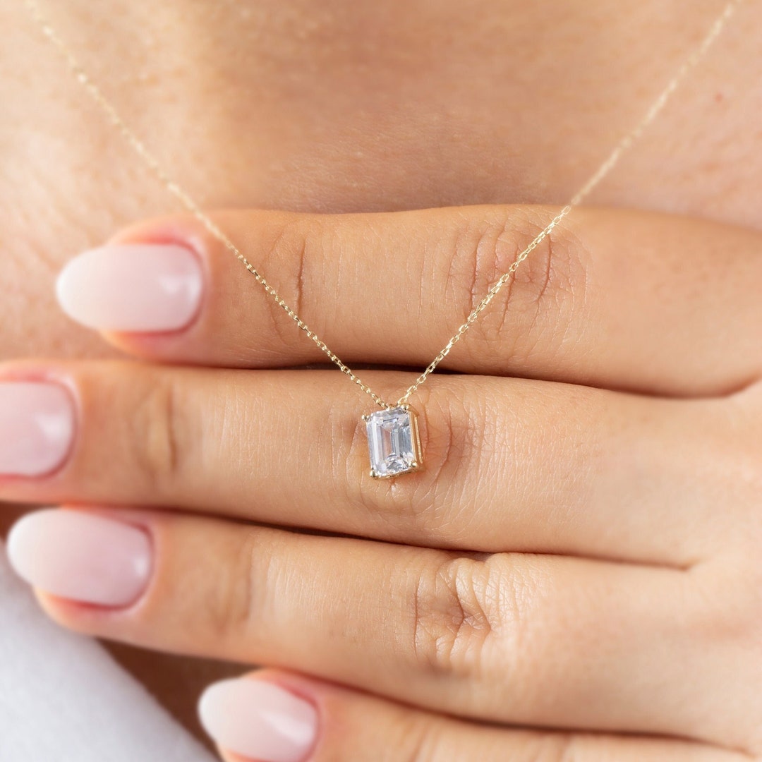 14k Solid Gold Rectangle White Topaz Necklace, Minimalist Necklace ...