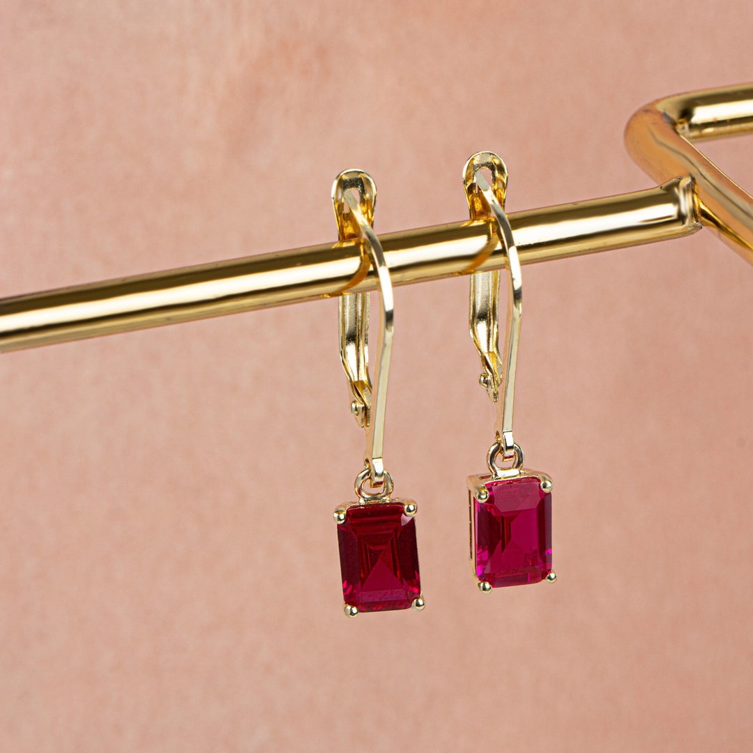 14K 10K 8K Solid Gold Rectangular Ruby Dangle Earrings, July Birthstone ...