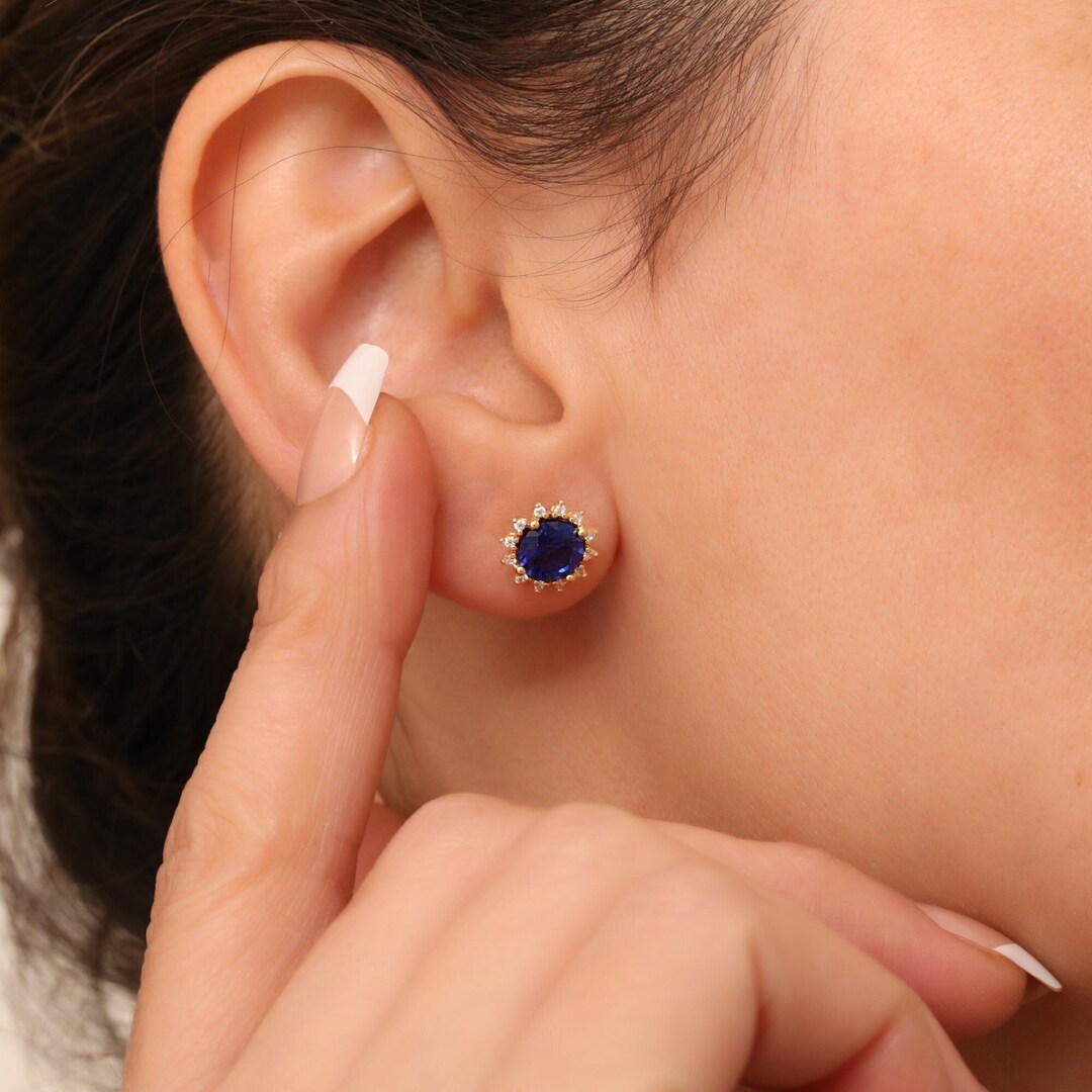 Real Diamond 14K Solid Gold Sapphire Earring,real Diamond Round ...