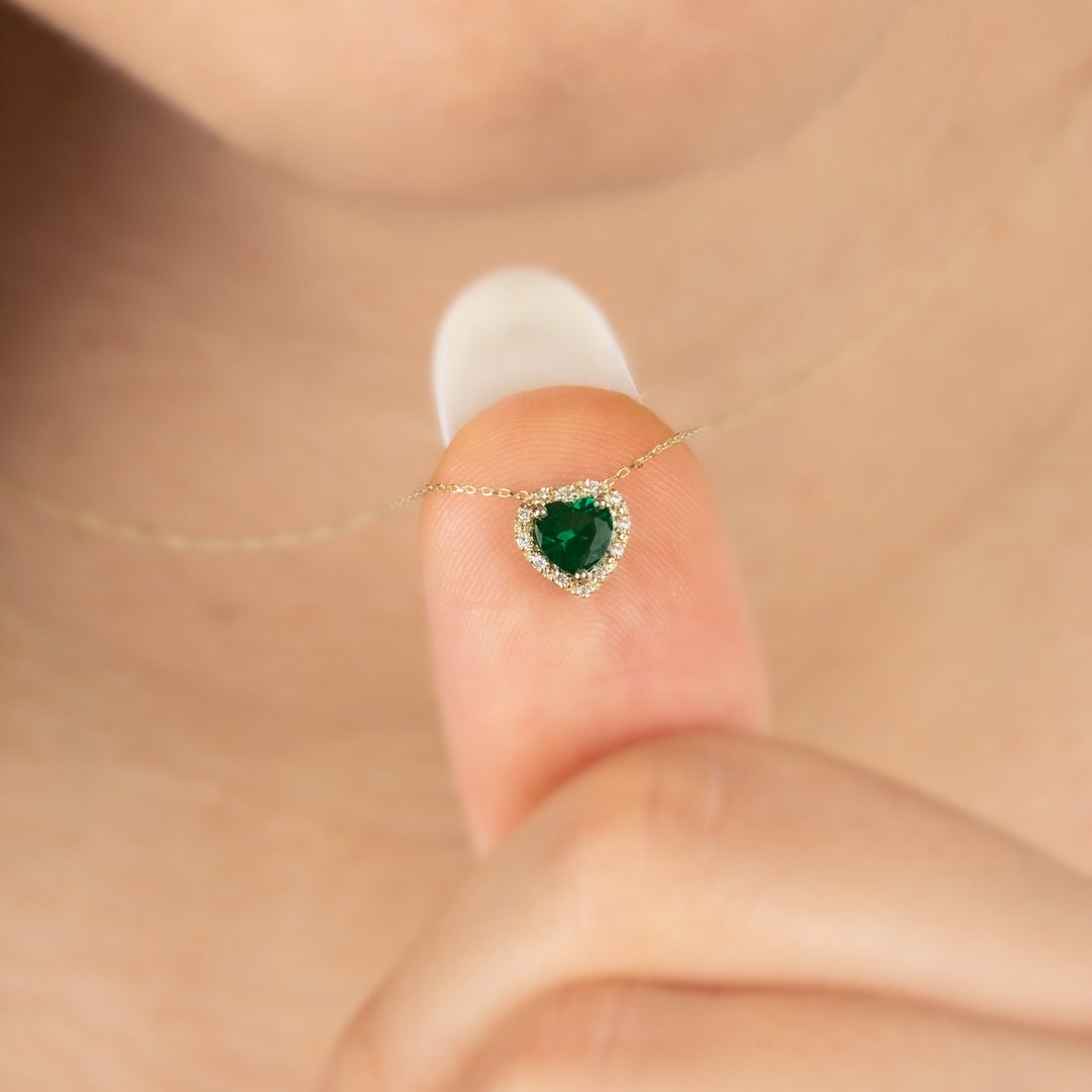 Real Diamond Emerald Heart Necklace, 14K Solid Gold, Minimalist Love ...