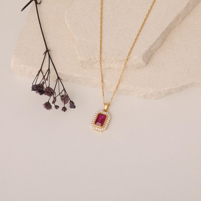 Rectangle Ruby Real Diamond Halo Necklace, 14K 10K 8K Solid Gold Bezel ...