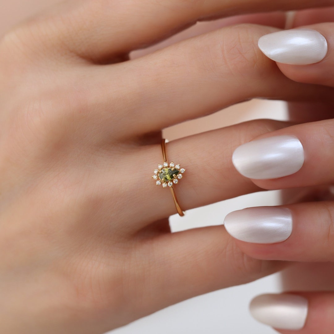 Drop Peridot 14K 10K 8K Solid Gold Ring, Real Diamond August Birthstone ...