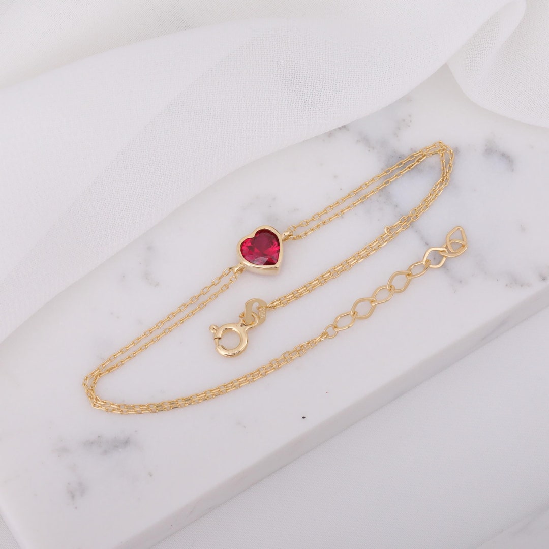 Ruby Heart Bracelet, 14K Solid Gold Bezel Heart Bracelet for Lovers ...