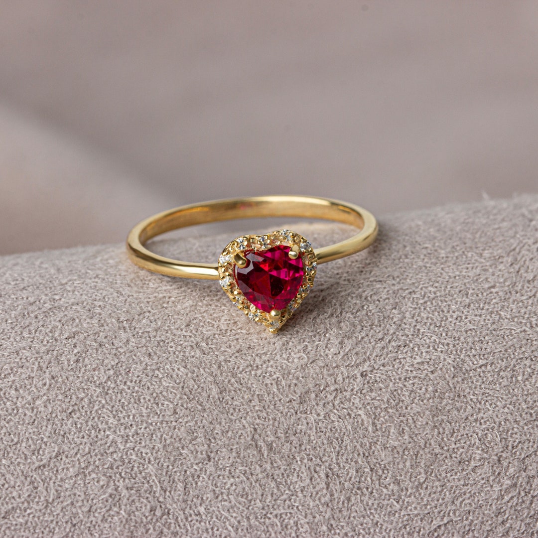 Heart Ruby Ring With Real Diamond Halo, 14K 10K 8K Solid Gold, July ...