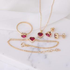 Ruby Heart Bracelet, 14K Solid Gold Bezel Heart Bracelet for Lovers ...