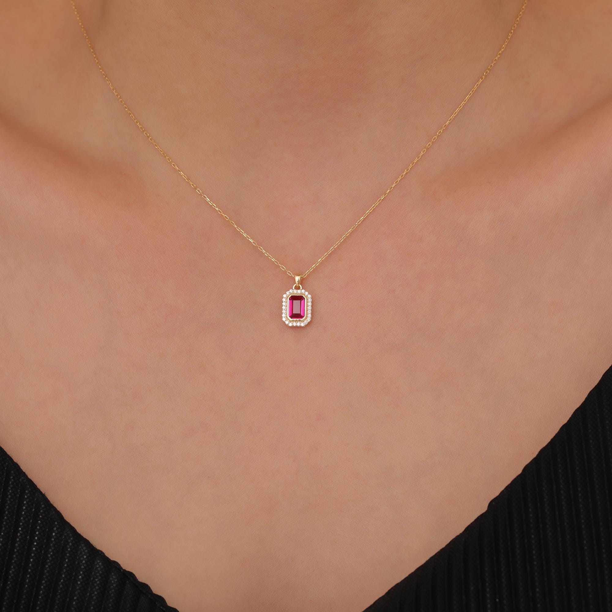 Rectangle Ruby Real Diamond Halo Necklace, 14K 10K 8K Solid Gold Bezel ...