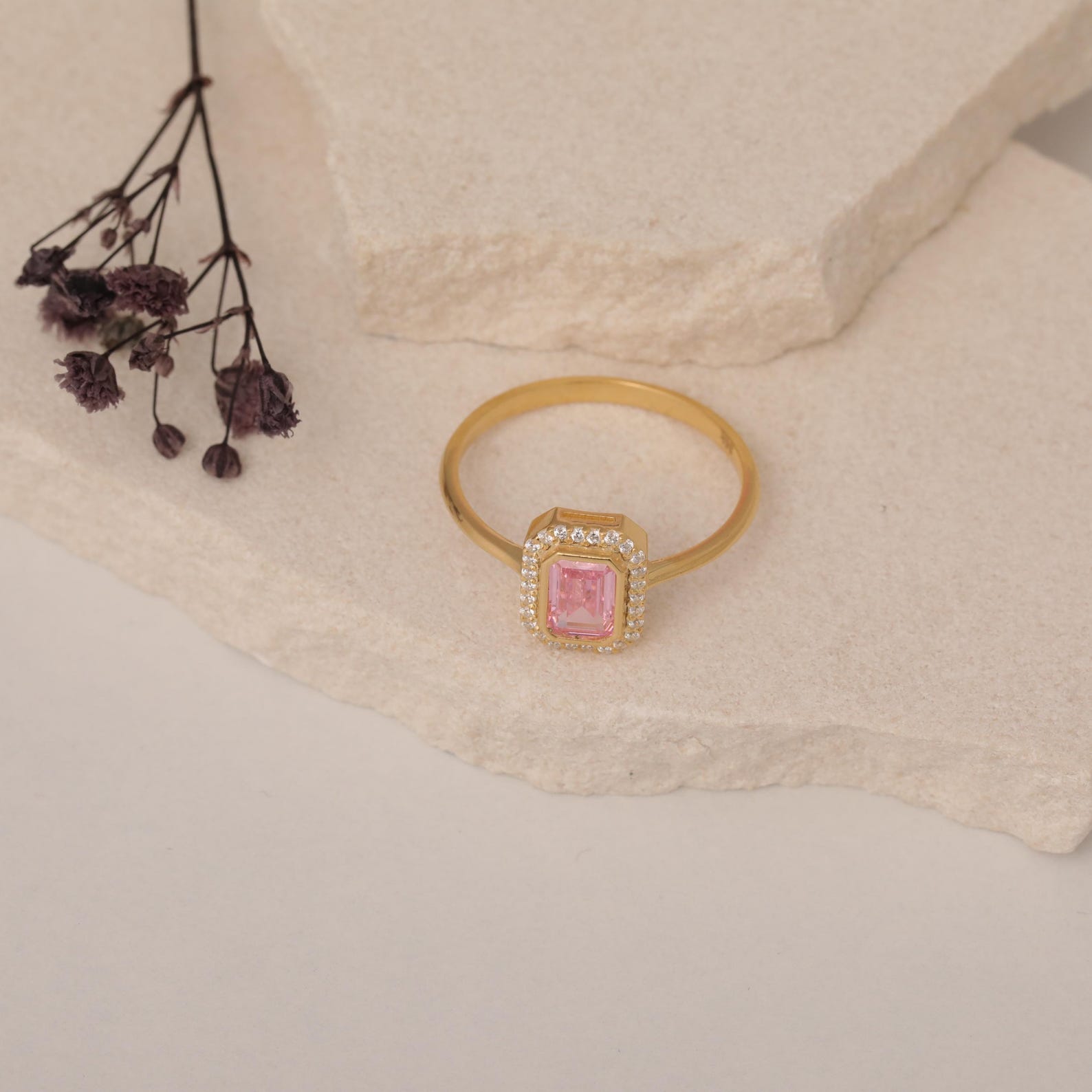 14K Solid Gold Pink Tourmaline Real Diamond Halo Ring - October ...