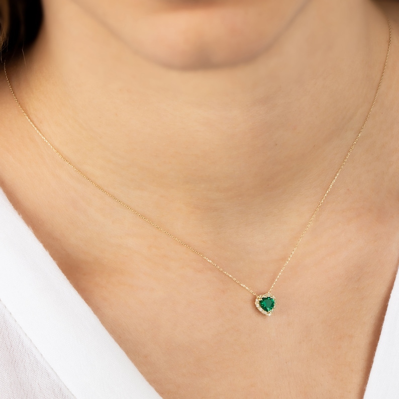 Real Diamond Emerald Heart Necklace 14K Solid Gold Heart - Etsy