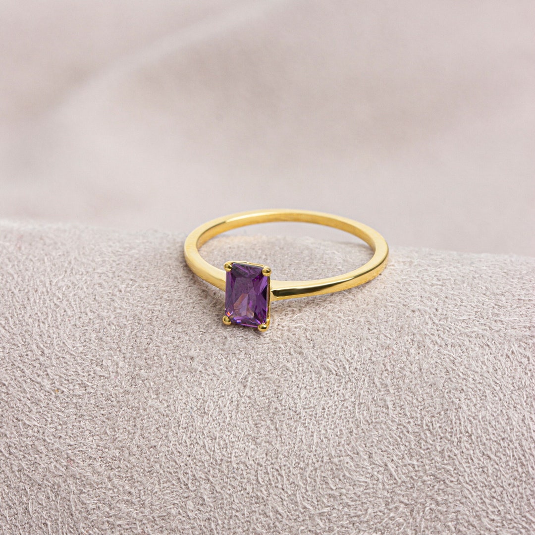 Rectangle Amethyst Ring 14K Solid Gold, Birthstone Women Jewelry ...