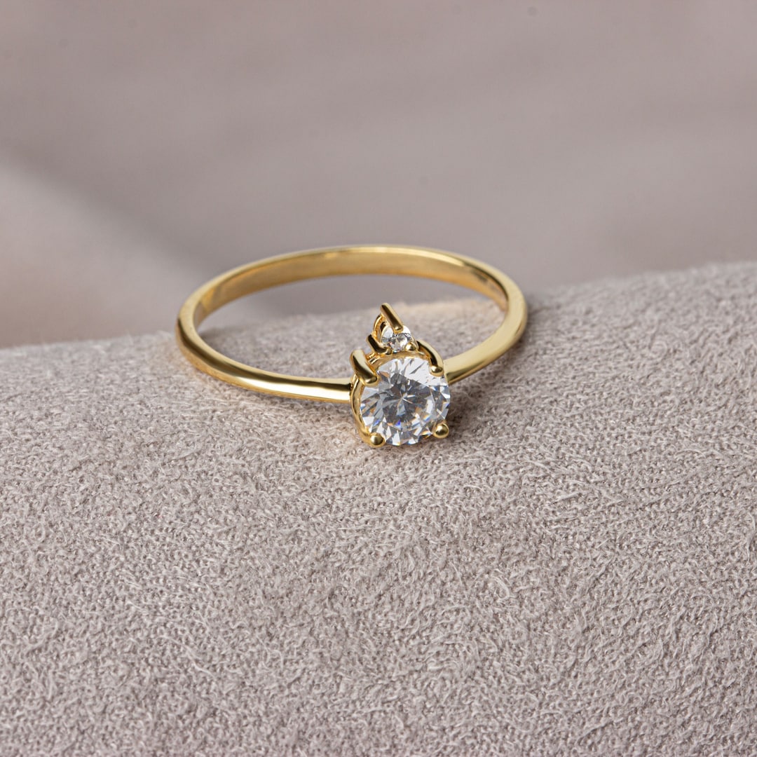 14K Solid Gold Real Diamond Solitaire Round White Topaz - Etsy