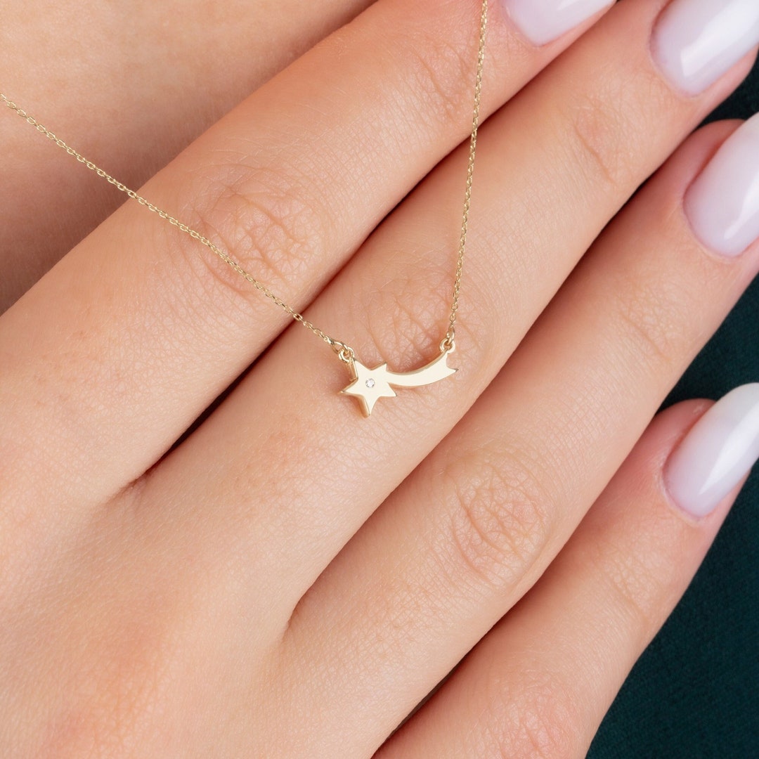 Real Diamond Comet Necklace, 14K Solid Gold Diamond Shooting Star Necklace, Perfect Gift for ...