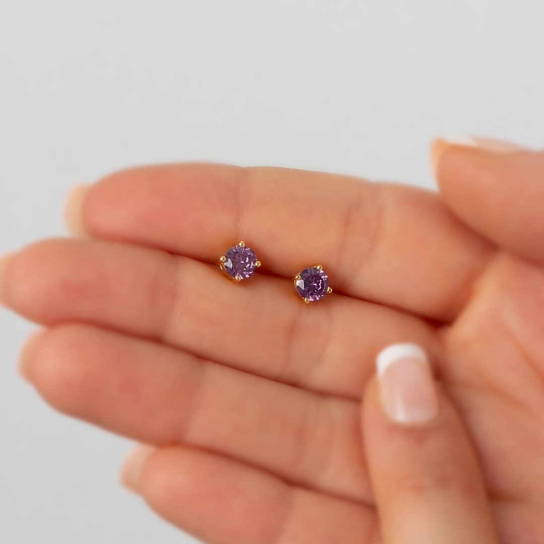 14K Solid Gold Amethyst Earring - Round Birthstone Gift for Mother's ...