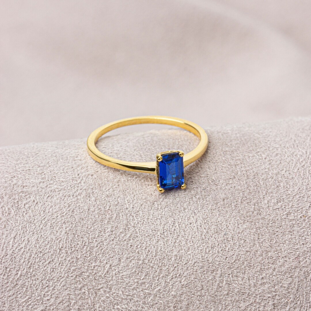 14K Solid Gold Sapphire Ring - Rectangle Birthstone Ring for Women ...